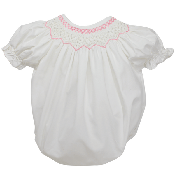 Baby Girls White Smocked Bishop Bubble Outfit Pink Smocking Pearl ...